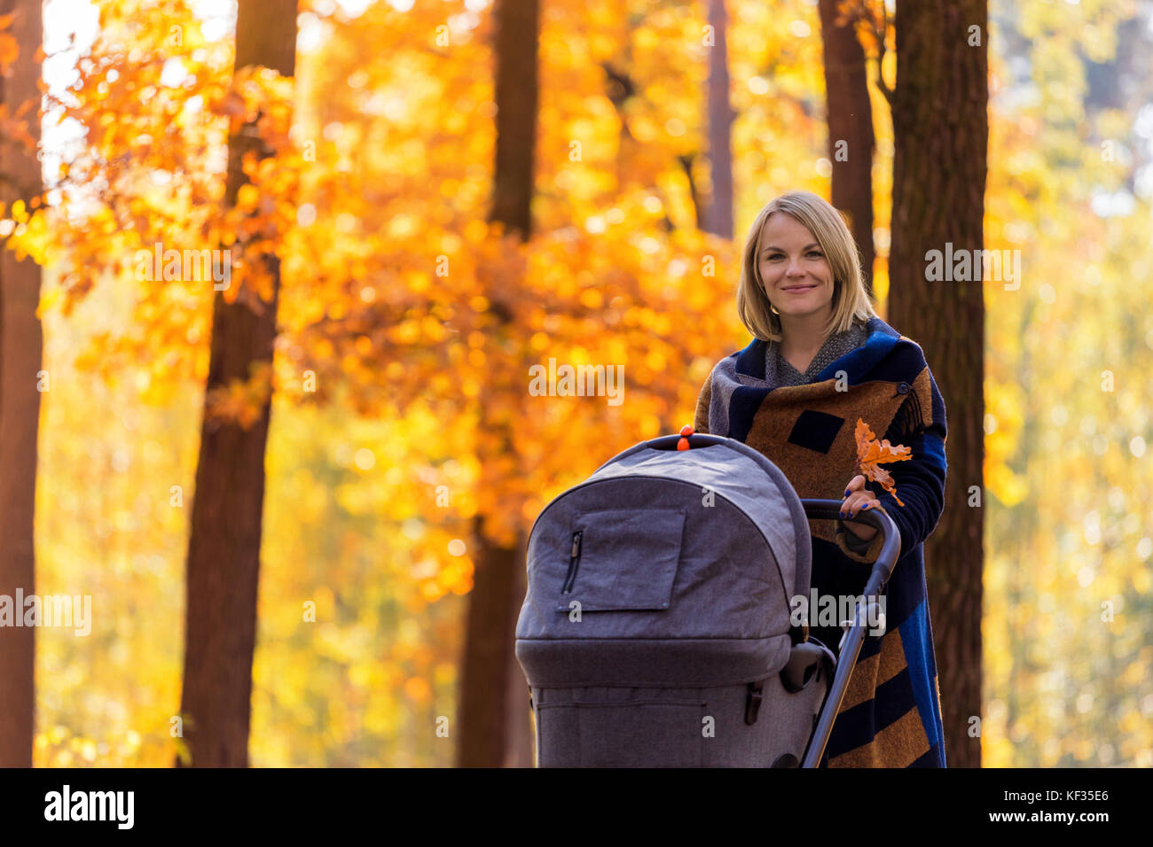 A young mother with a stroller walks through the autumn park Stock ...