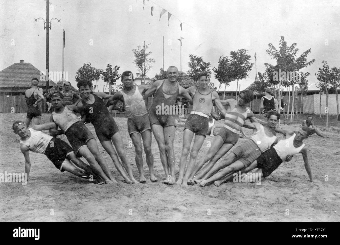 Tableau, men, jesting, beach, bathing suit, summer 16754 Stock Photo ...