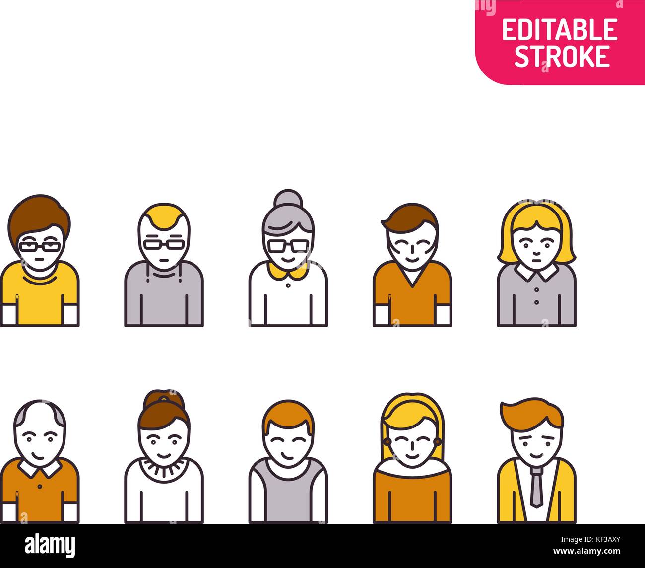 Set of people linear art style. Variants of colored icons of busts of ...