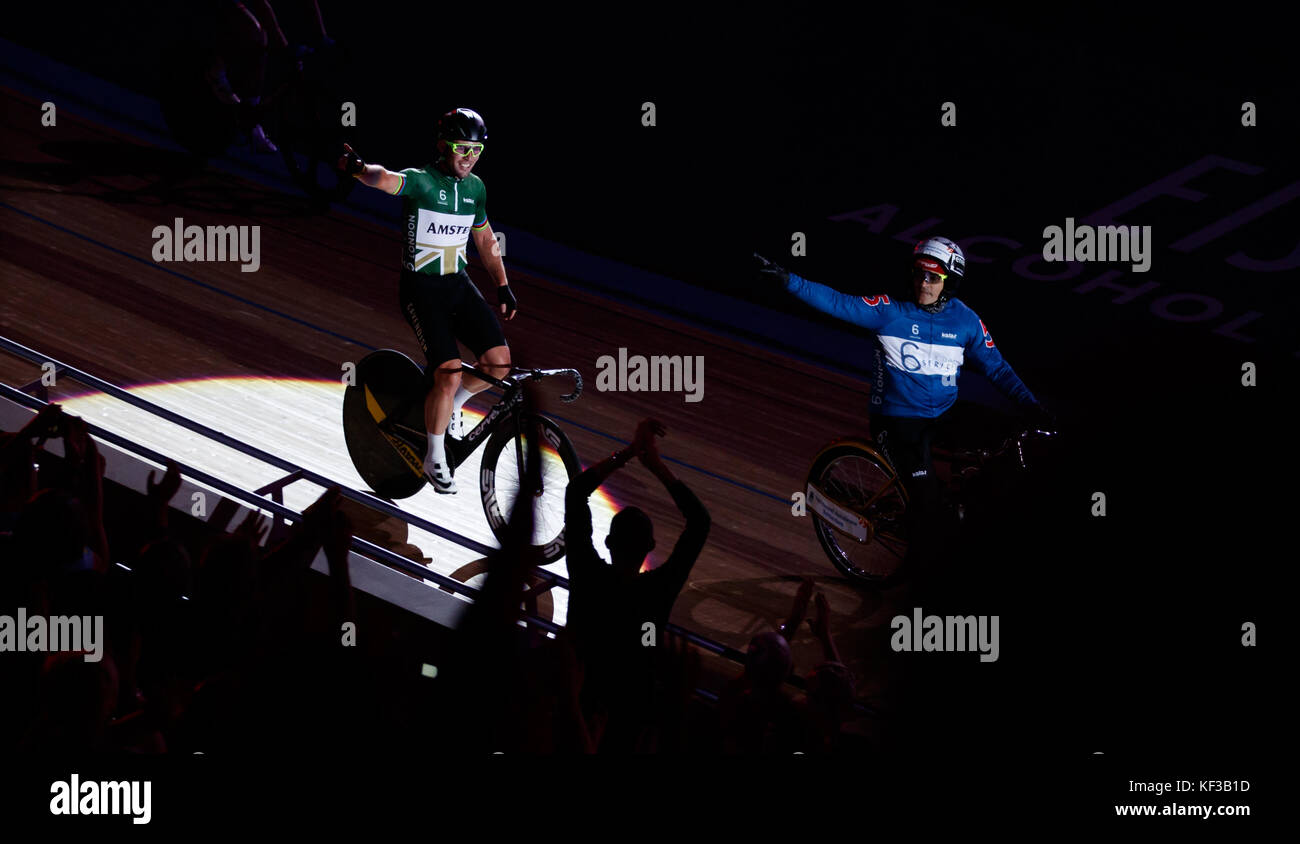 Great Britain's Mark Cavendish celebrates winning the 40 lap Derny race ...