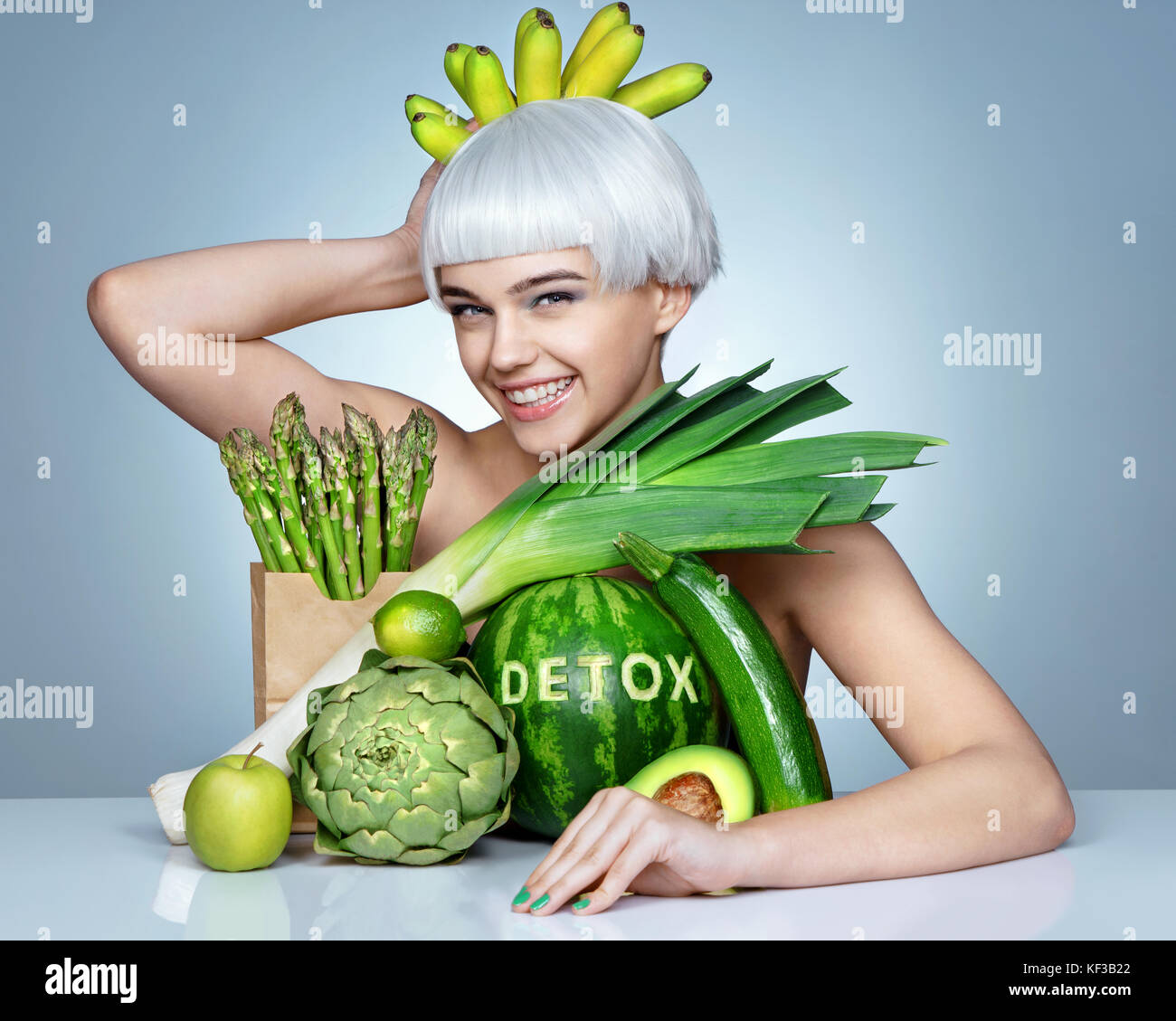 Queen of green vegetables. Photo of funny girl with an abundance of ...