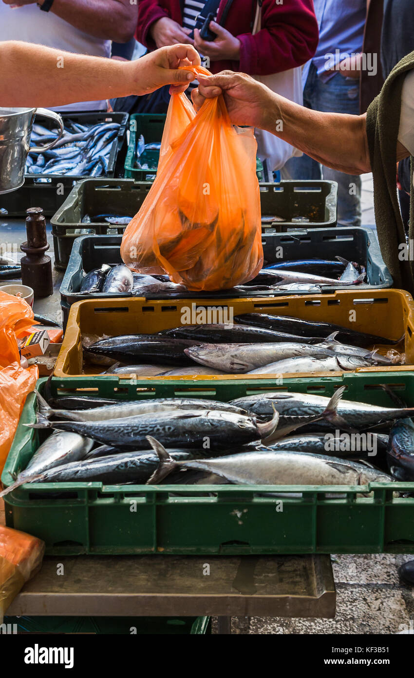 Close-up of Croatian paper notes (called Kuna), being passed across a ...