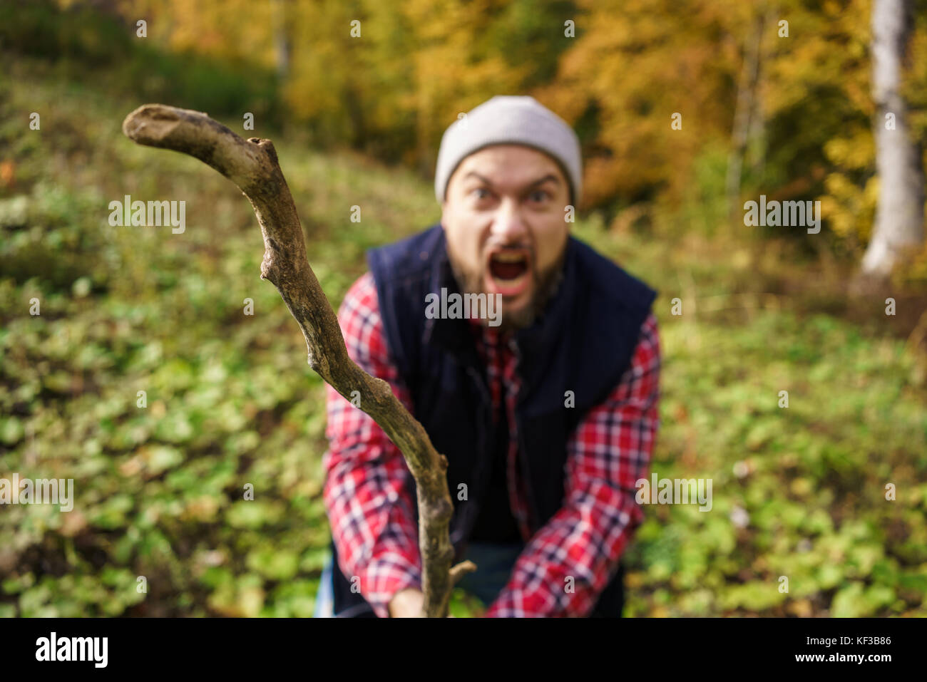 aggressive man with a stick in a hand Stock Photo - Alamy