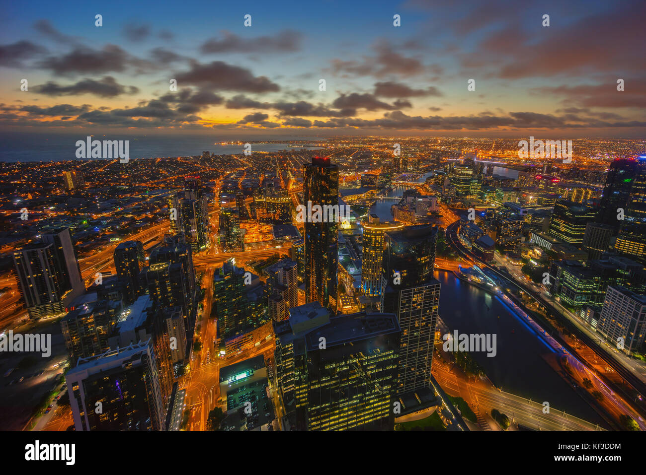 Aerial view of dramatic sunset at Melbourne city skyline Stock Photo ...