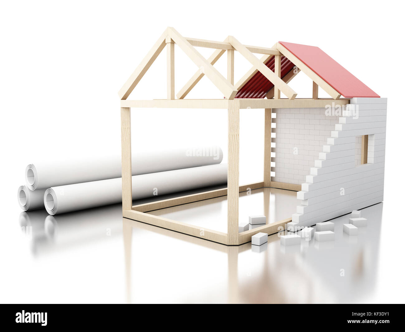 3d illustration. House under construction with rolls of architecture ...