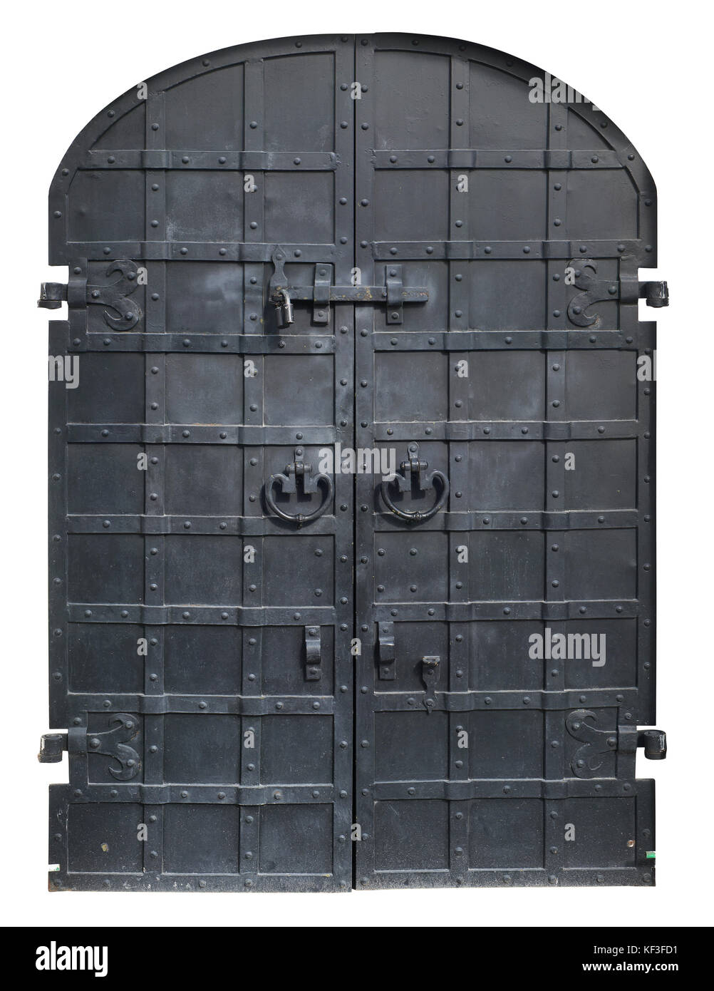 Black iron locked gates in medieval retro style. Isolated on white with ...