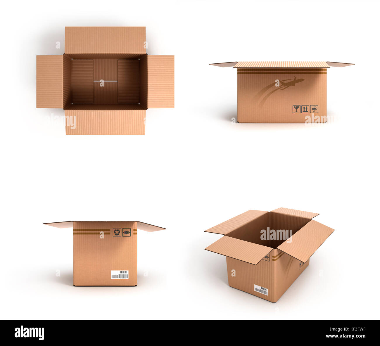 collection of various open cardboard boxes on white background Stock ...
