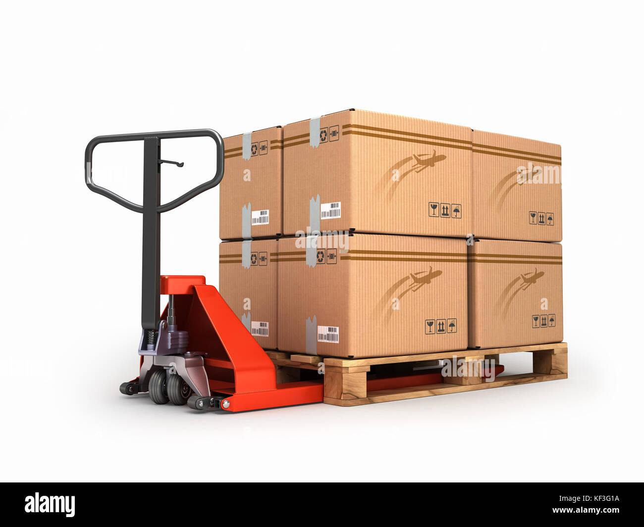Hand pallet truck carries a pallet with boxes are isolated on a white ...