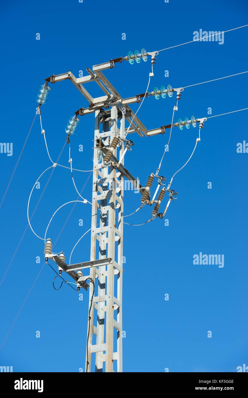 Power line with clear blue sky Stock Photo - Alamy