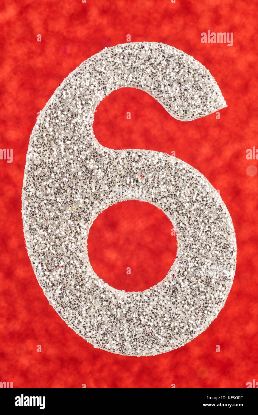Number six silver color over a red background. Anniversary. Vertical ...