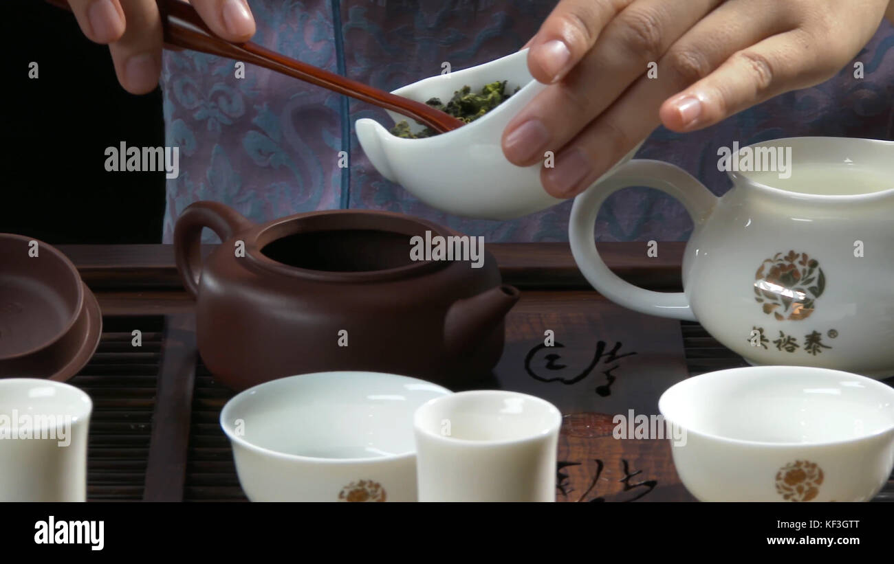 Close-up table for the tea ceremony utensils and bamboo. Chinese tea ...