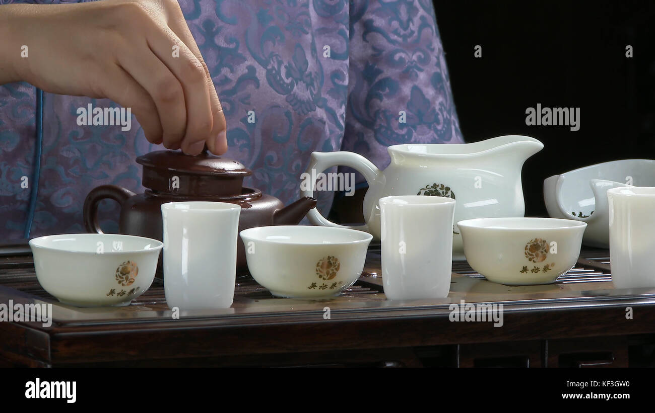 Close-up table for the tea ceremony utensils and bamboo. Chinese tea ...