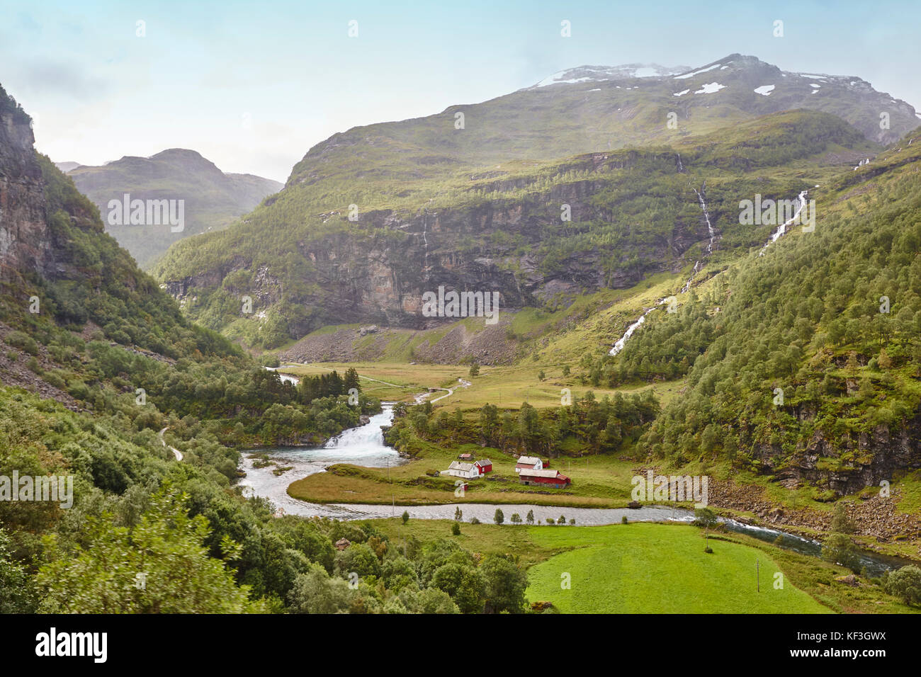 Norwegian mountain landscape with valley. Tourism. Horizontal. Flam railway route Stock Photo ...