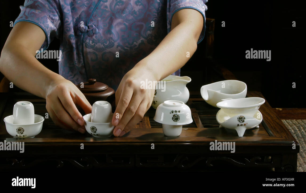 Close-up table for the tea ceremony utensils and bamboo. Chinese tea ...