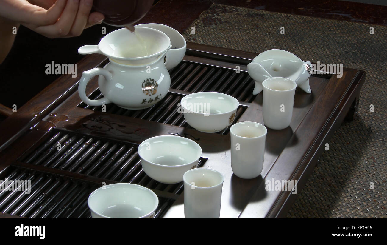 Close-up table for the tea ceremony utensils and bamboo. Chinese tea ...
