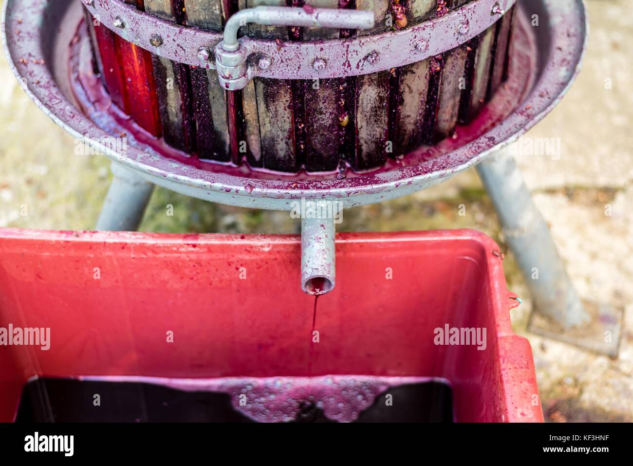 Wooden wine press with red must for pressing grapes to produce wine ...