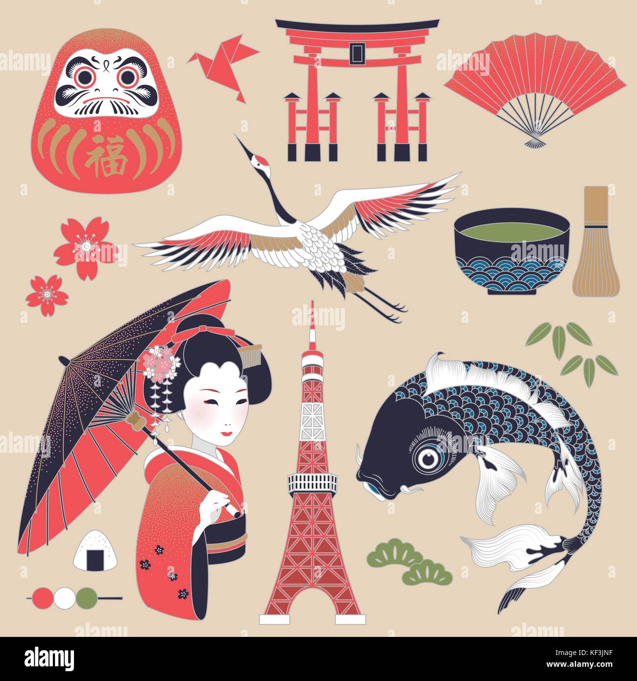 Elegant Japan cultural symbol set, fortune word in Japanese on daruma ...