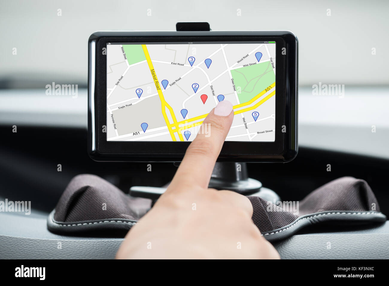 Close-up Of Female's Hand Using GPS Navigation Inside Car Stock Photo ...