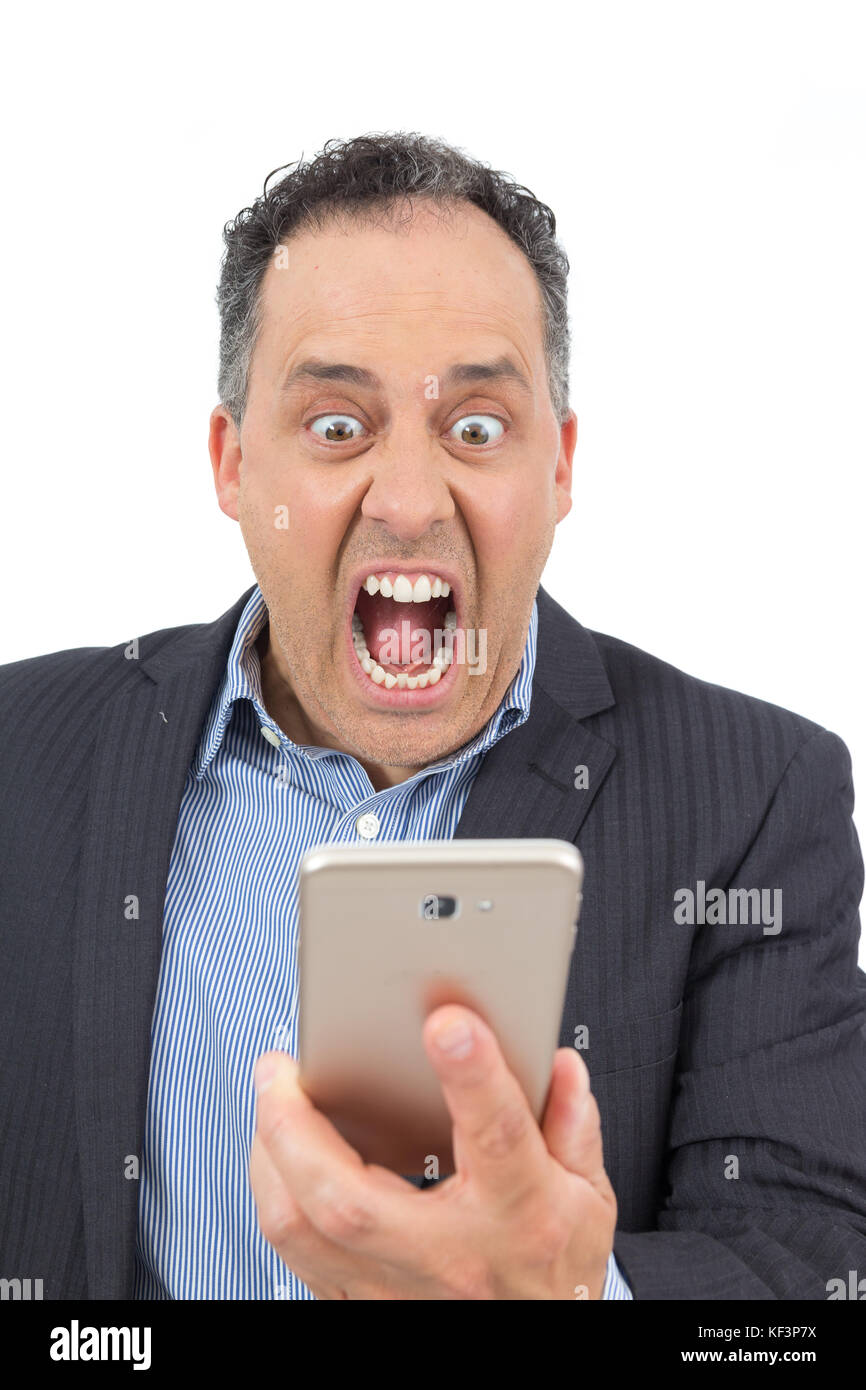 Man is shouting and looking at cellphone screen. Video conference ...