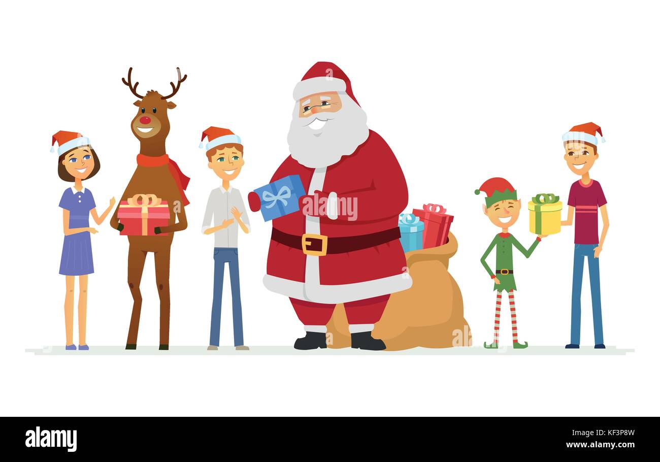 Happy Santa Claus, reindeer and children - cartoon characters isolated ...