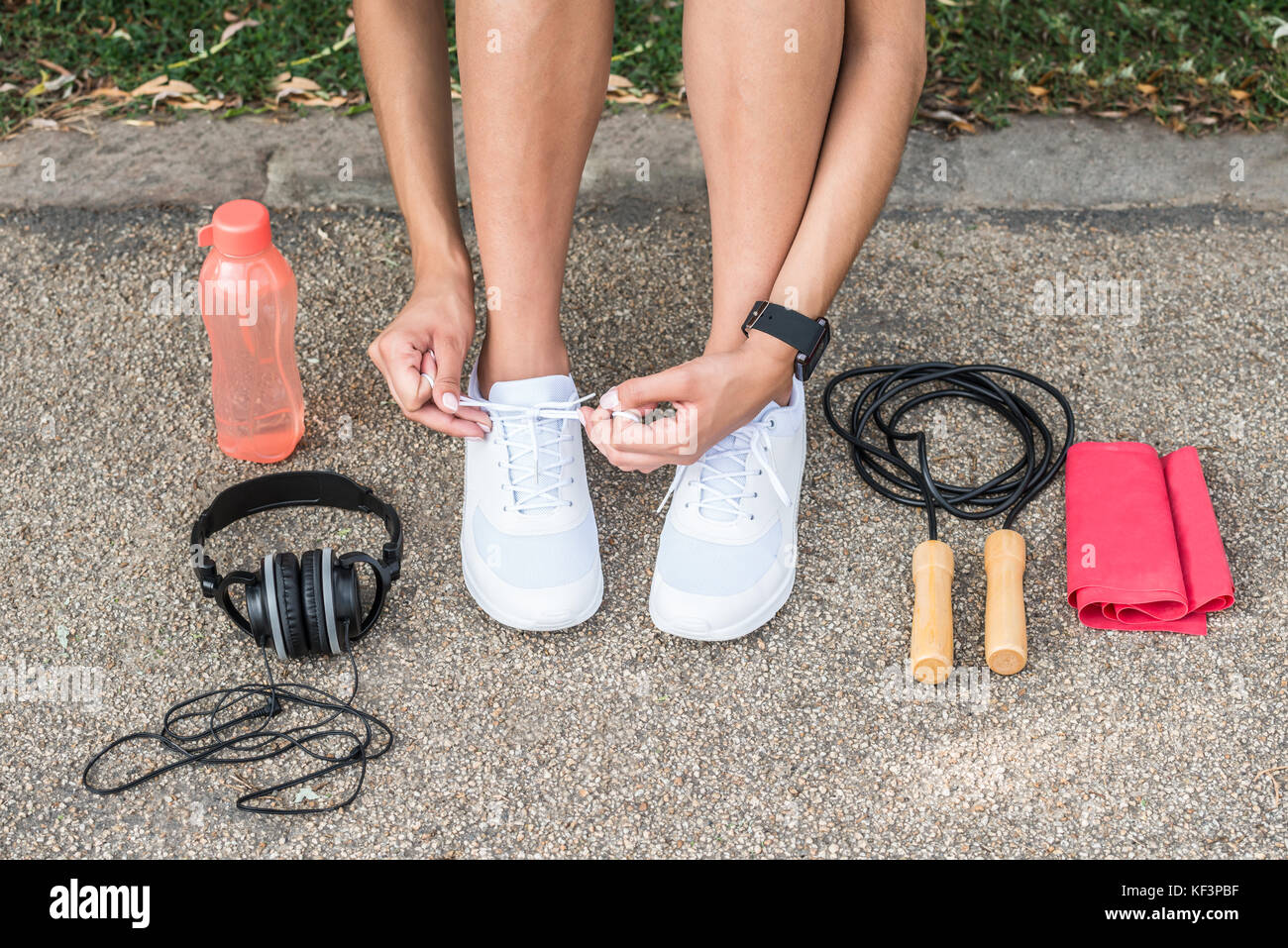 Female Runner Trying Running Shoes Getting Ready For Jogging Stock ...