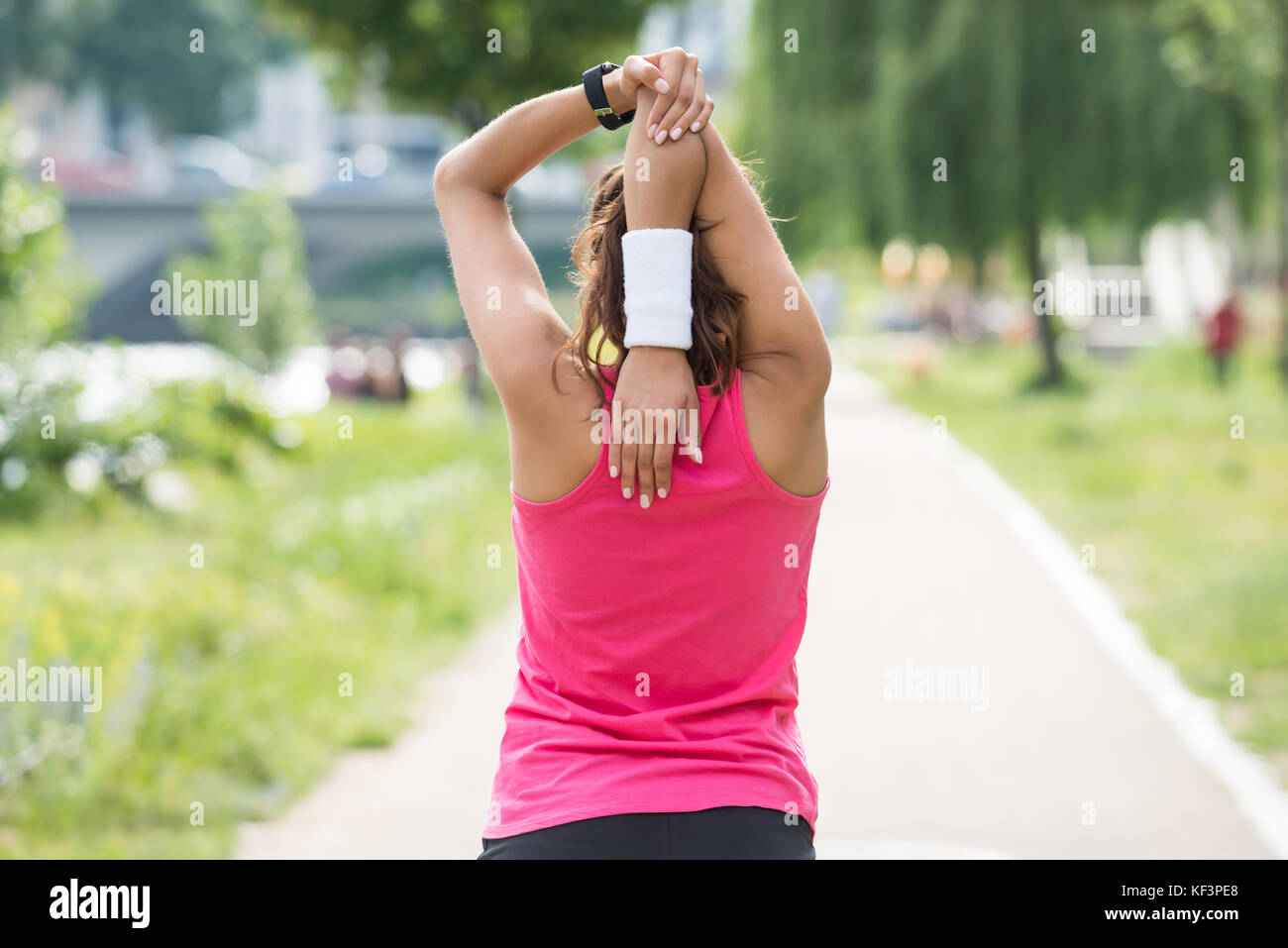 Rear View Of Sporty Young Woman Doing Morning Exercise In Park Stock ...