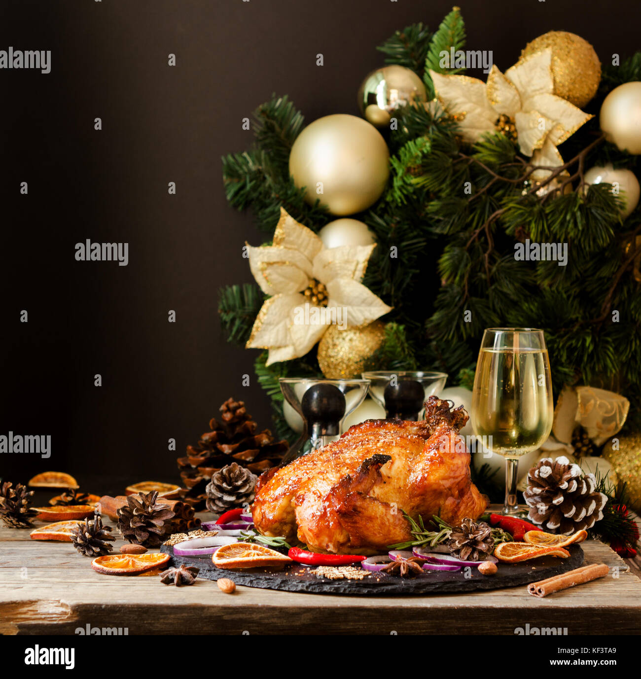 Roast chicken or turkey for Christmas and New Year with mulled wine and ...