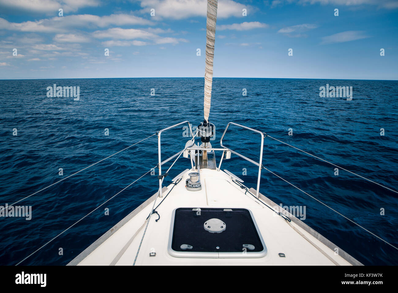 The sea view from the front of the yacht, in the summer, blue sky with ...