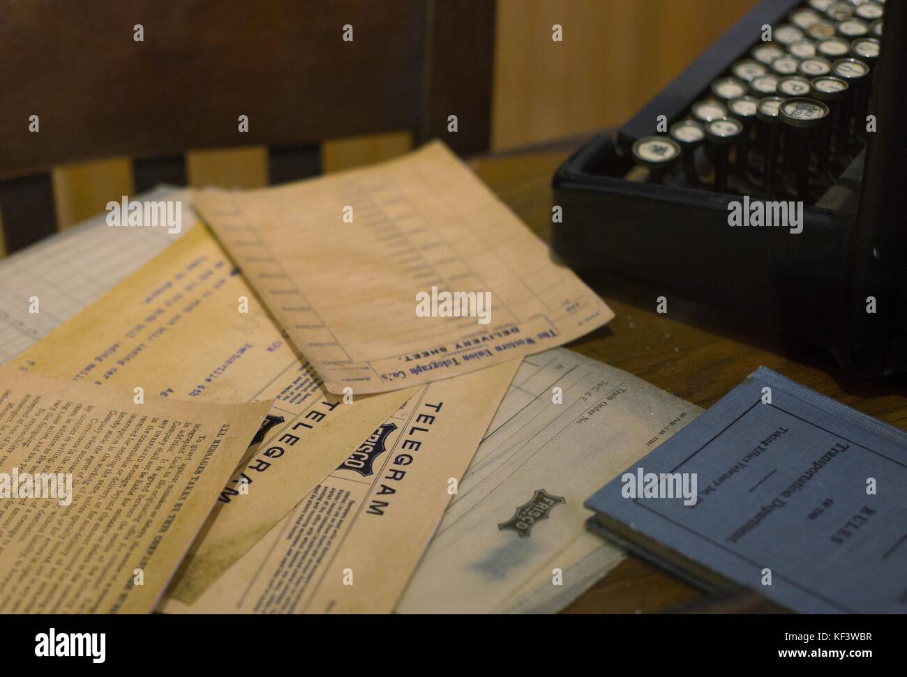 A desk with an old fashioned typewriter and telegrams at the Shiloh ...