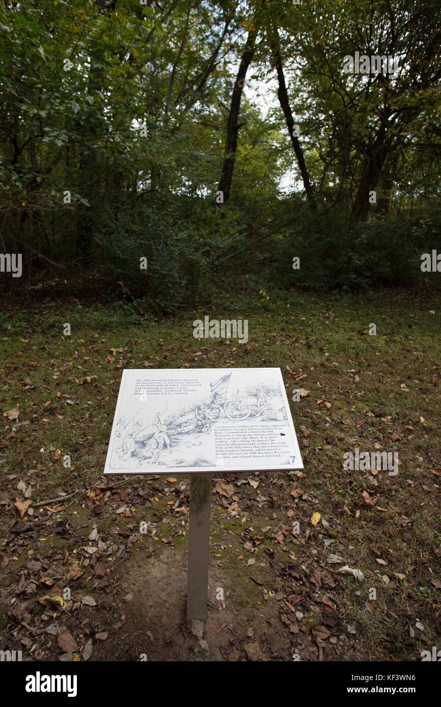 A sign describing the battle at Prairie Grove Battlefield State Park in ...