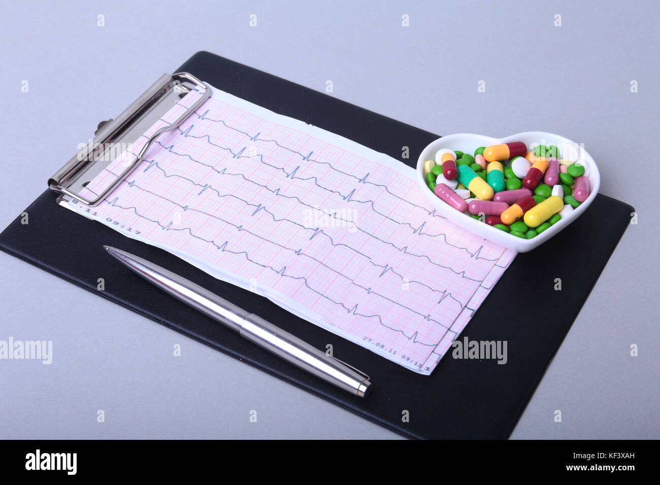 RX prescription and colorful assortment pills and capsules on plate ...