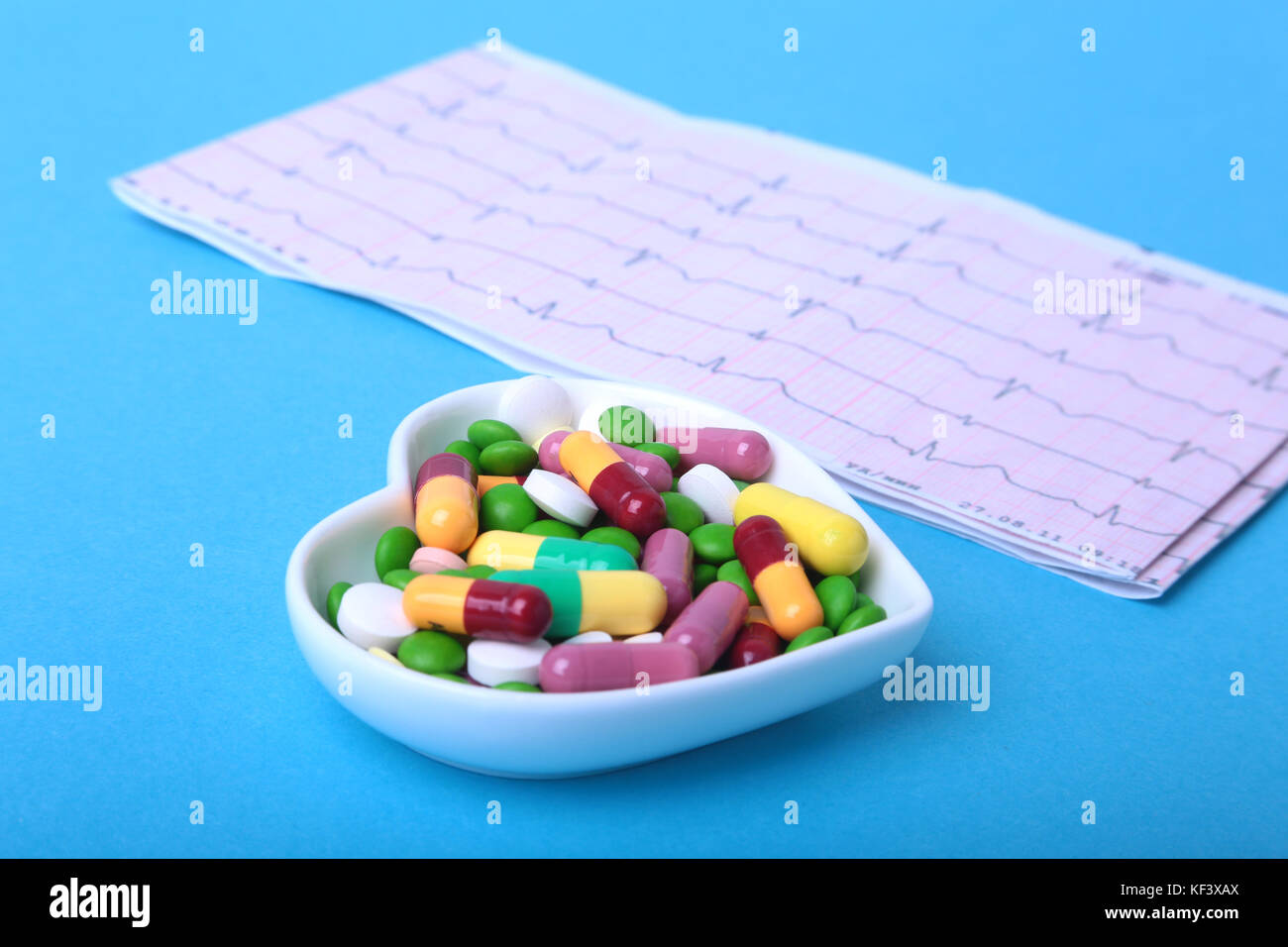 RX prescription and colorful assortment pills and capsules on plate ...
