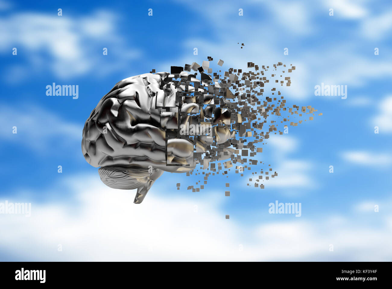 A metallic brain breaking down into small particles. Learning concept ...