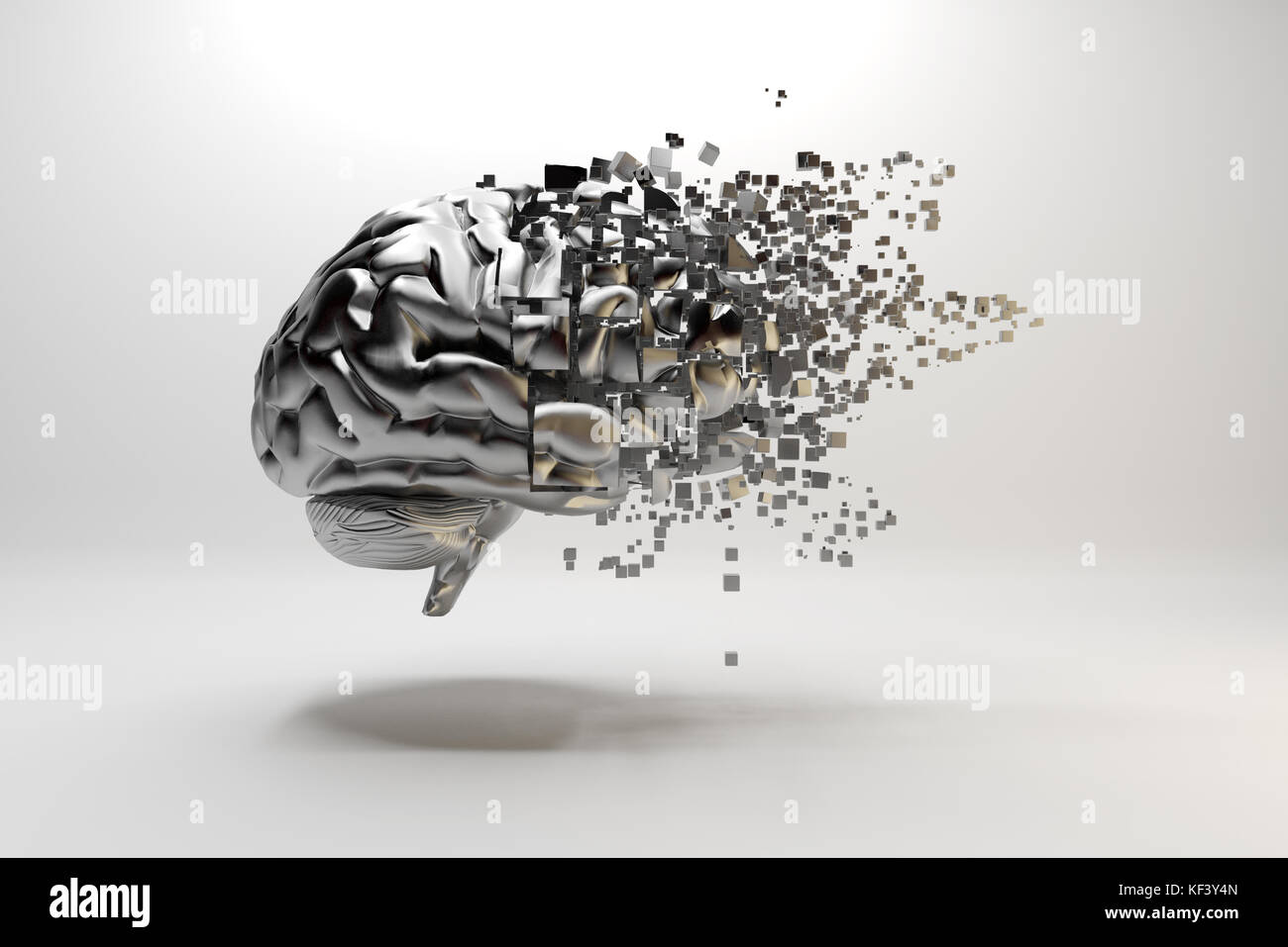 A metallic brain breaking down into small particles. Learning concept ...
