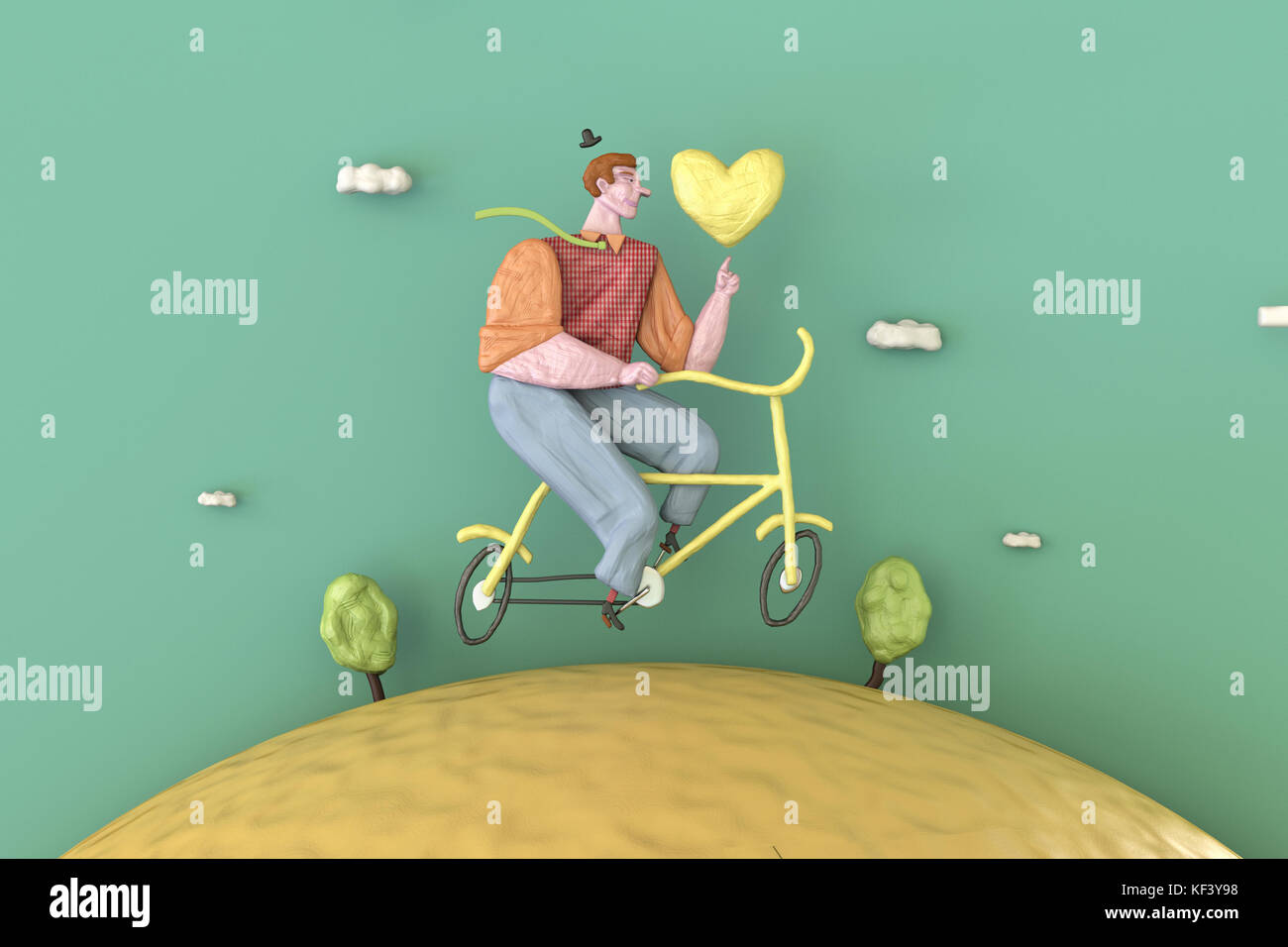 Falling in love again. A young man riding a bike with a heart on his ...