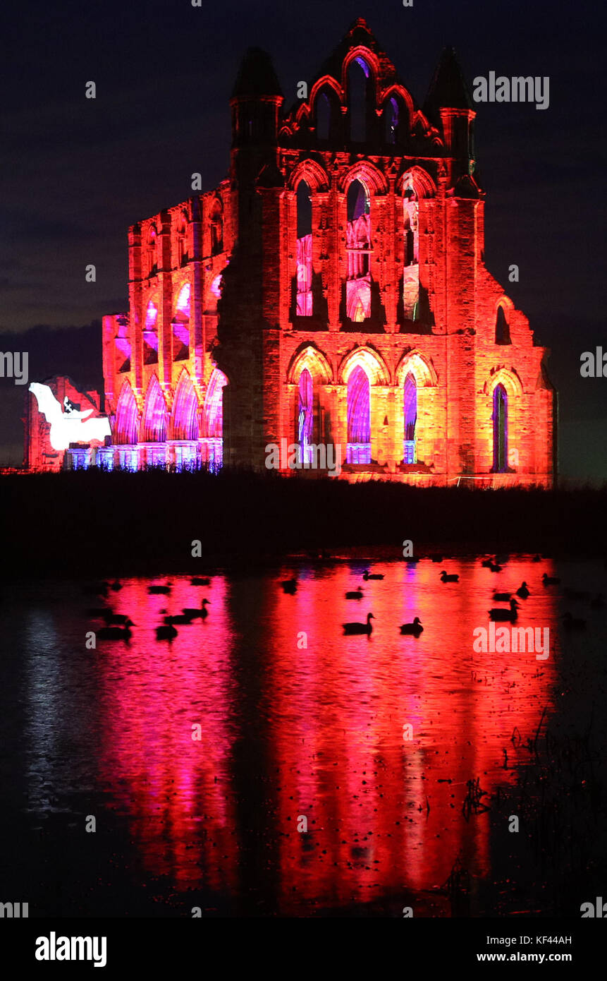 Whitby Abbey in North Yorkshire is lit up in lights to celebrate ...