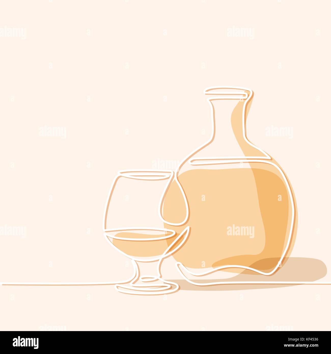 Cognac bottle and glass isolated on white background. Continuous line drawing. Soft color Vector ...