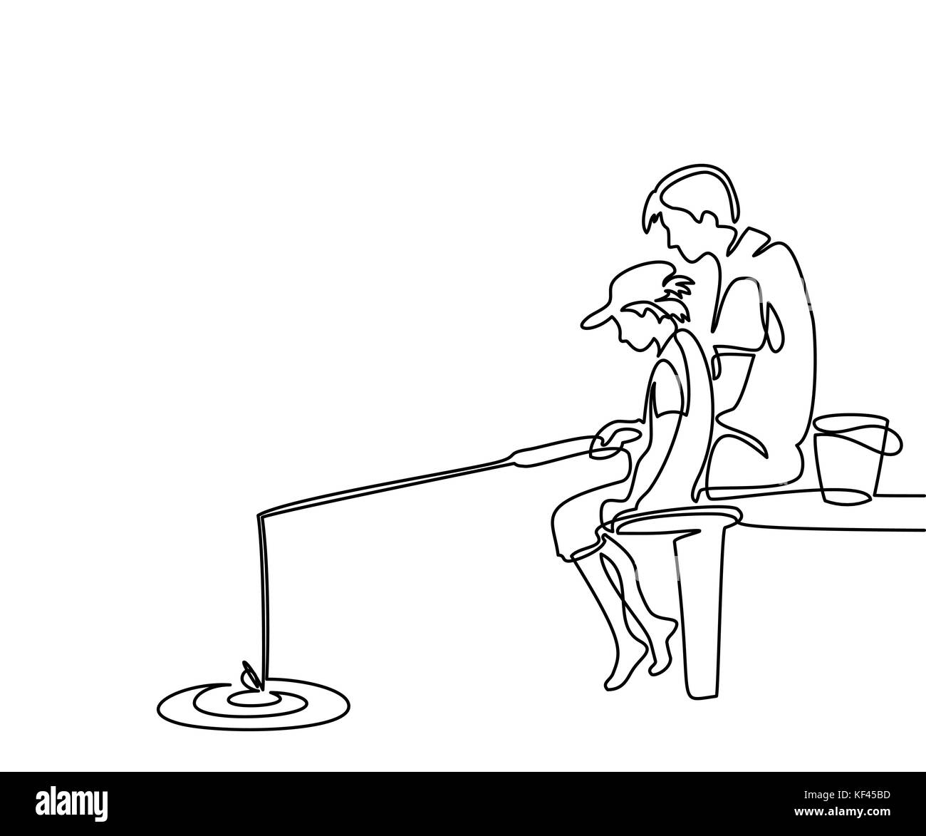 Father and son catching fish. Continuous line drawing. Vector ...