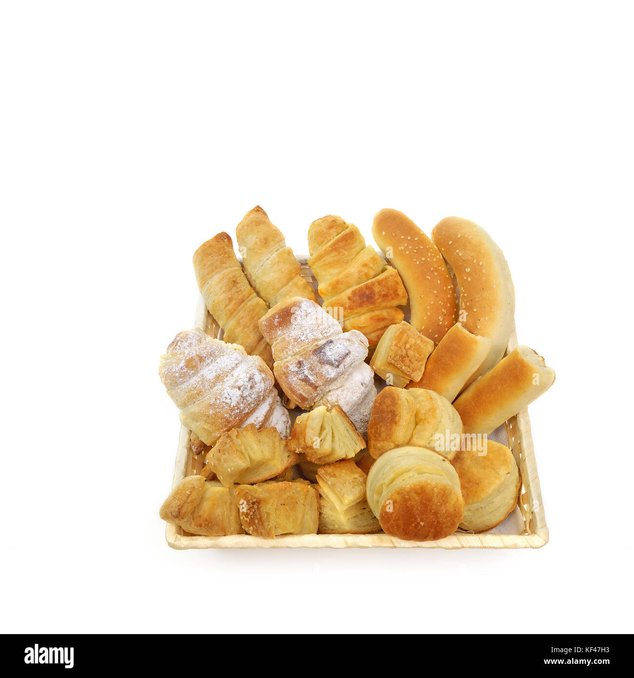 variety assortment of baked pastry products in a wicker or bread basket ...