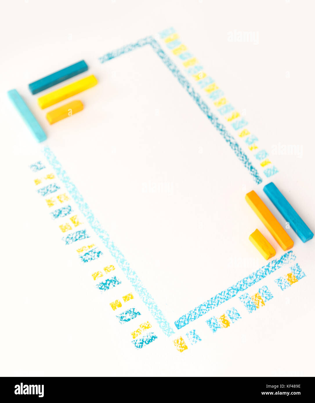 Multi color chalk drawing as striped line on white paper background ...