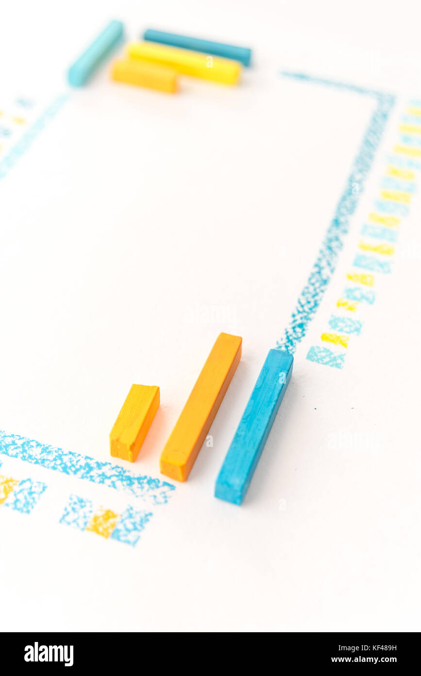 Cropped photo of color chalk drawing as striped line on white paper ...