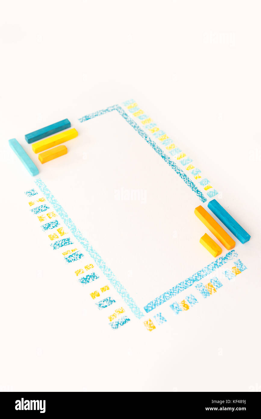 Photo of color chalk drawing as striped line on white paper background ...