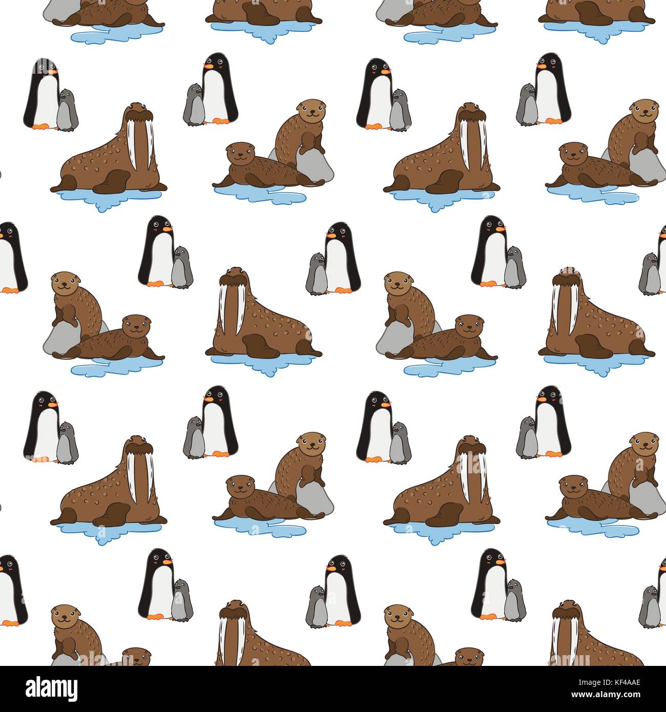 Seamless pattern with cute penguins, walruses and fur seals. Hand-drawn ...
