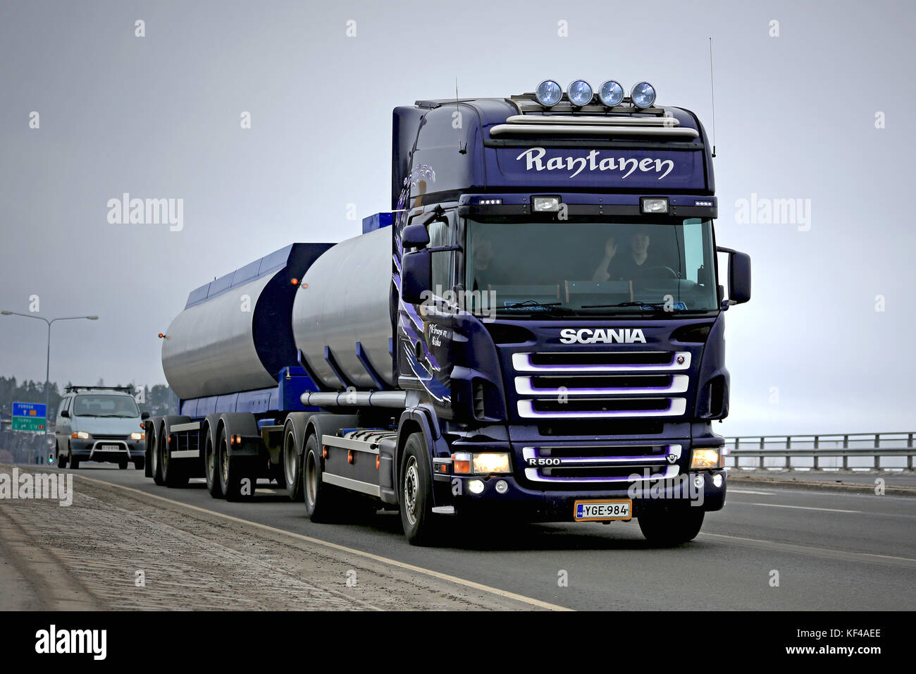 SALO, FINLAND - MARCH 6, 2016: Purple Scania R500 tank truck for bulk ...