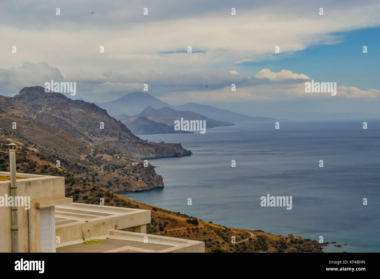 Panorama of the ocean and mountains from the western heights of Crete ...