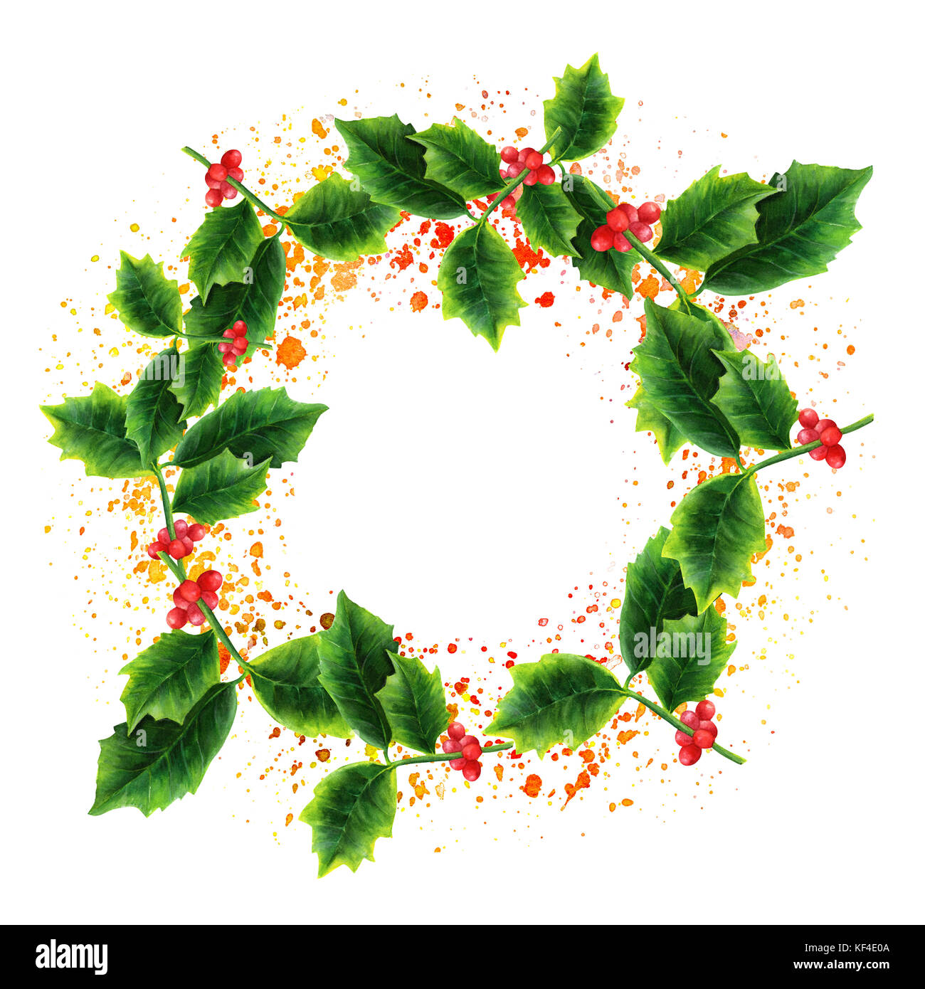 Wreath with watercolor Christmas holly and paint splashes Stock Photo ...