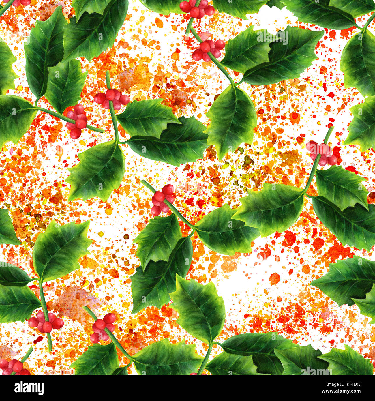 Seamless pattern with Christmas holly and watercolor splashes Stock ...