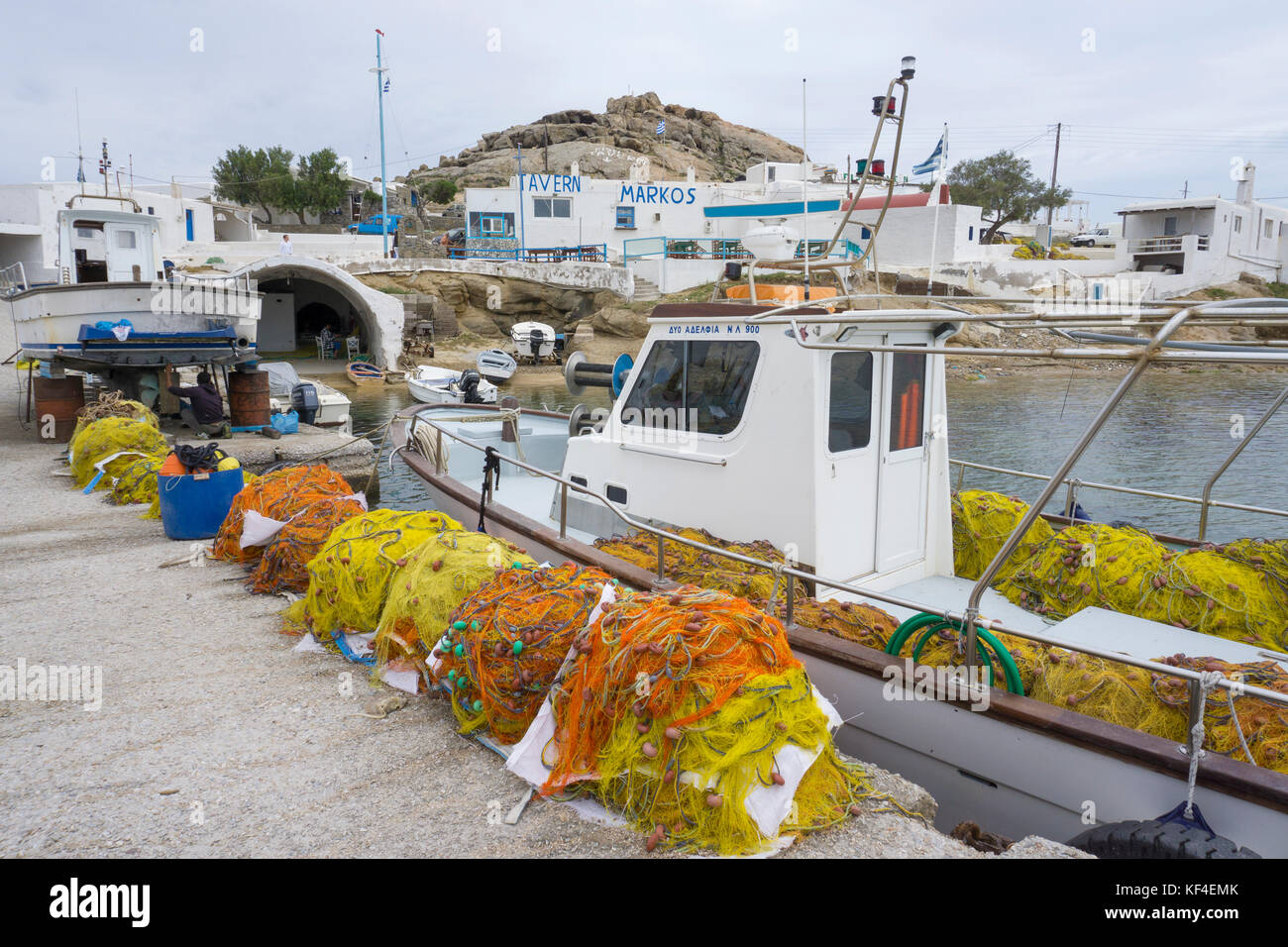 The tiny harbour and fishing village Agia Anna, Mykonos, Cyclades ...