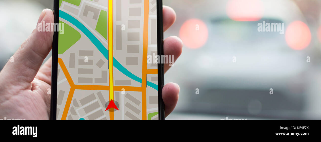 GPS Navigation on Mobile Phone Device and Transportation Concept. Male ...