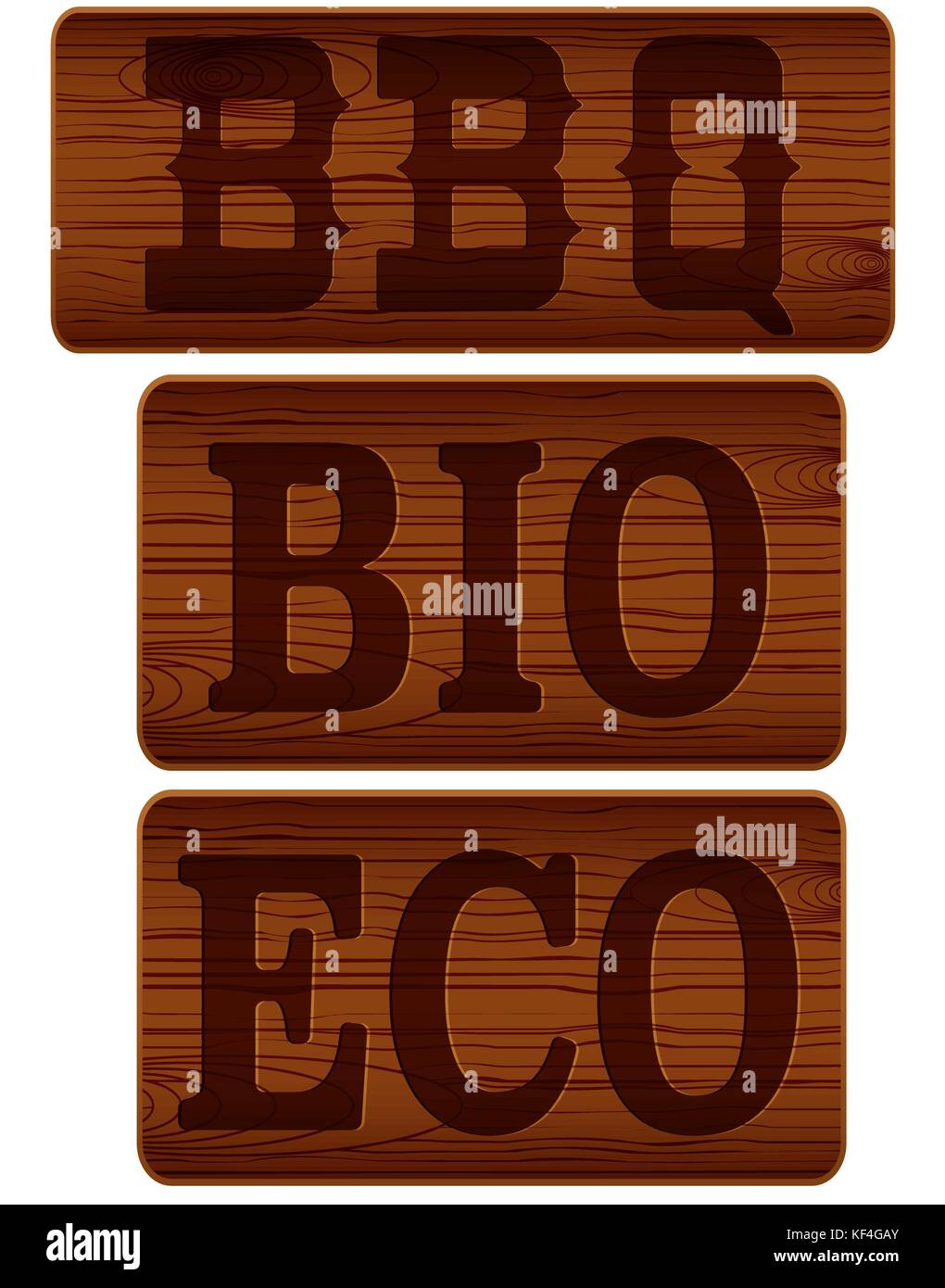 Nameplate of wood with words BBQ BIO ECO. Vector Illustration isolated ...
